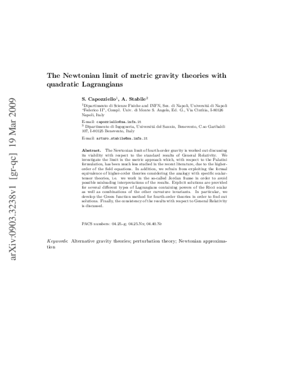 Pdf The Newtonian Limit Of Metric Gravity Theories With Quadratic