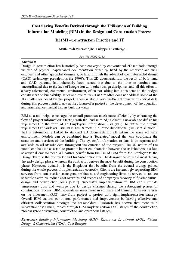 Doc Cost Saving Benefits Derived Through The Utilisation Of Building Information Modeling Bim