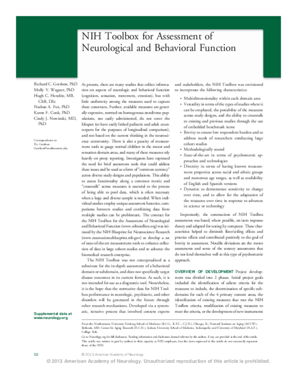 (PDF) NIH Toolbox for Assessment of Neurological and Behavioral Function