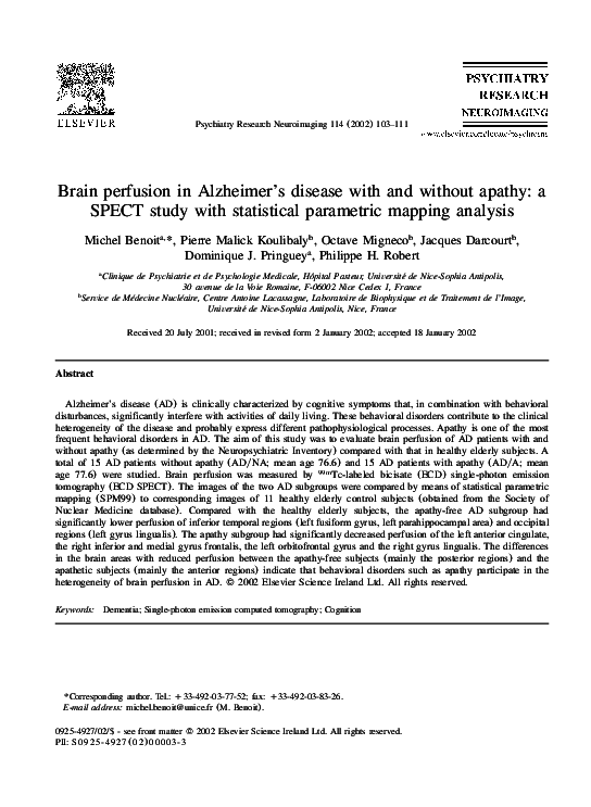 (PDF) Brain perfusion in Alzheimer's disease with and without apathy: a SPECT study with ...
