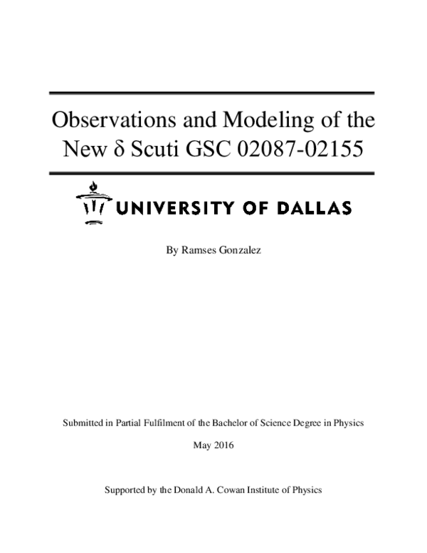(PDF) Observations and Modeling of the New δ Scuti GSC 02087-02155