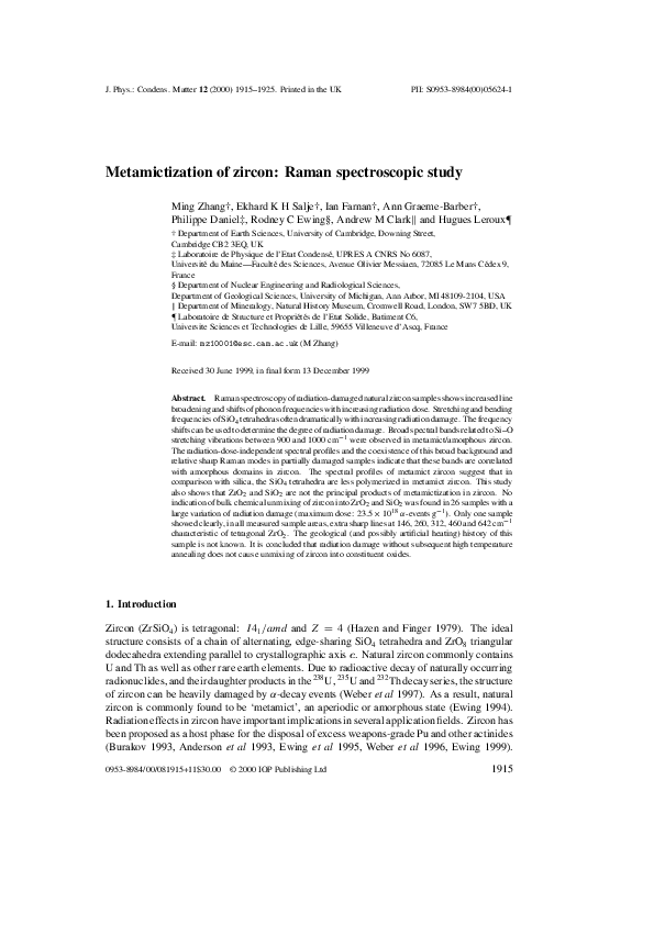 (PDF) Metamictization of zircon: Raman spectroscopic study
