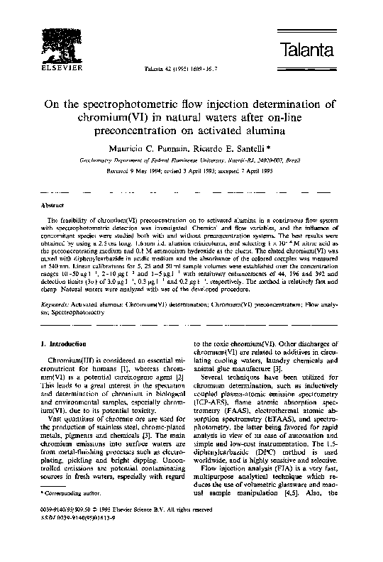Pdf On The Spectrophotometric Flow Injection Determination Of Chromium Vi In Natural Waters