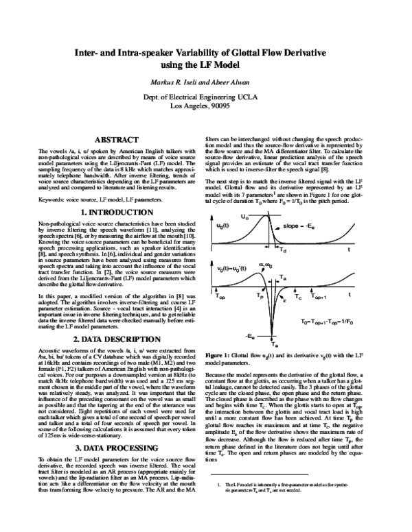 (PDF) Inter- and Intra-speaker Variability of Glottal Flow Derivative using the LF Model | Abeer ...
