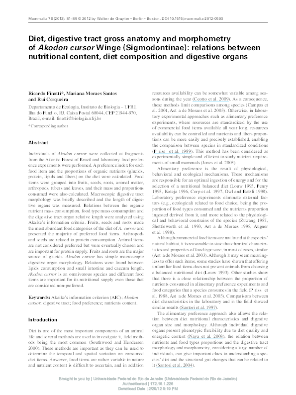 (PDF) Diet, digestive tract gross anatomy and morphometry of Akodon ...