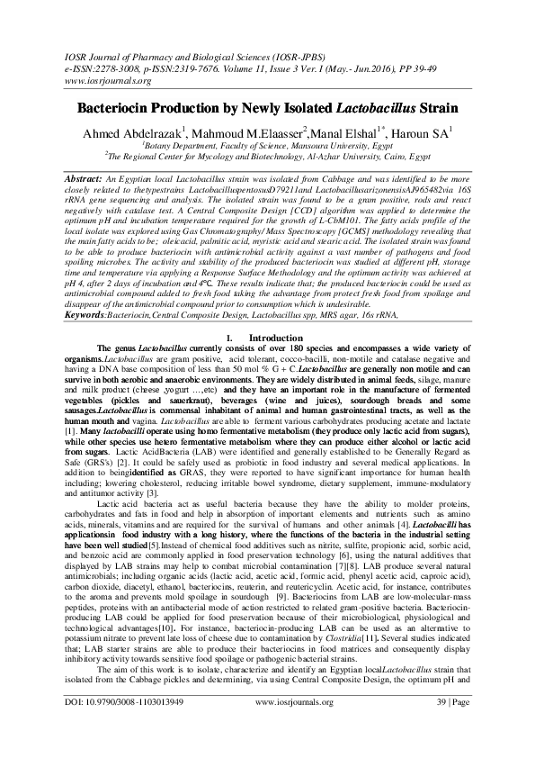 Pdf Bacteriocin Production By Newly Isolated Lactobacillus Strain
