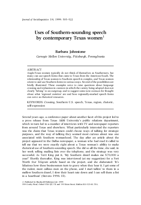(PDF) Uses of Southern-sounding speech by contemporary Texas women