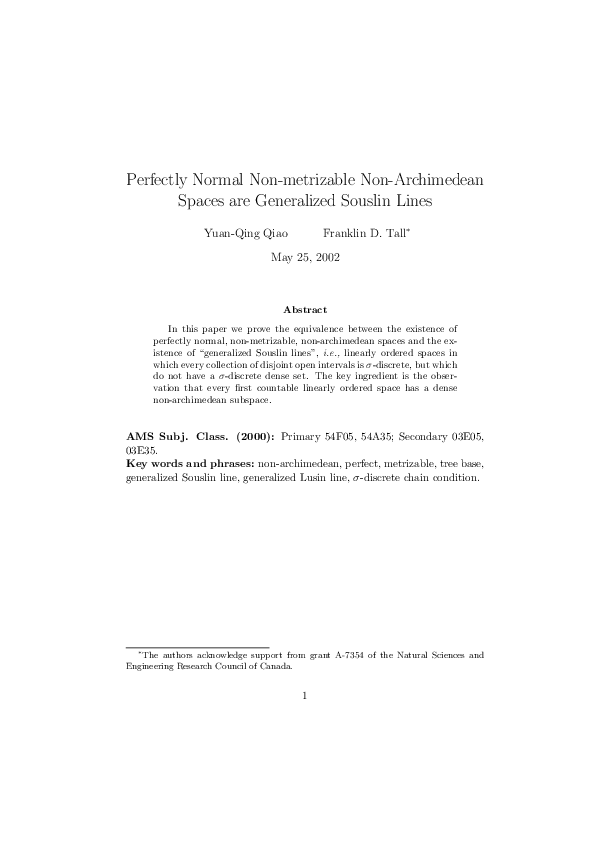 (PDF) Perfectly Normal Non-metrizable Non-Archimedean Spaces are Generalized Souslin Lines
