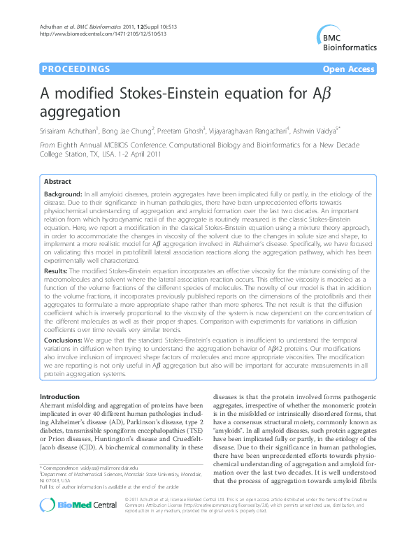 (PDF) A modified Stokes-Einstein equation for Aβ aggregation