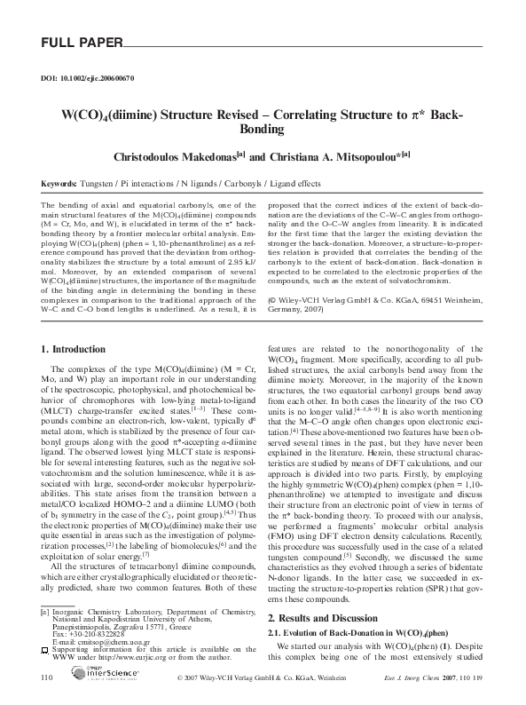 (PDF) W(CO)4(diimine) Structure Revised – Correlating Structure to π ...