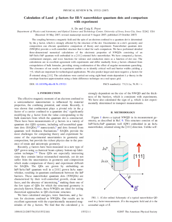 (PDF) Calculation of Landé g factors for III-V nanowhisker quantum dots ...