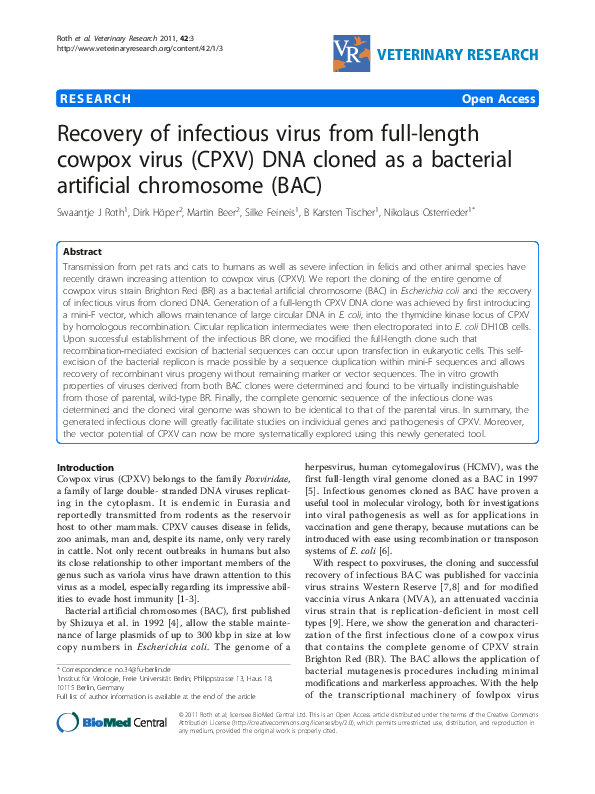 (PDF) Recovery of infectious virus from full-length cowpox virus (CPXV ...