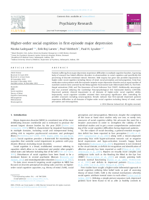 (PDF) Higher-order social cognition in first-episode major depression ...