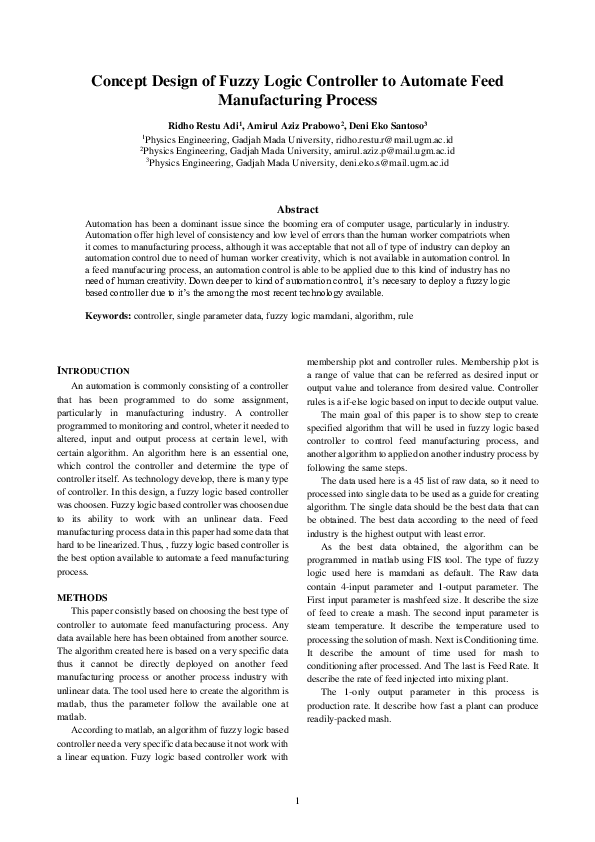 Pdf Concept Design Of Fuzzy Logic Controller To Automate Feed Manufacturing Process