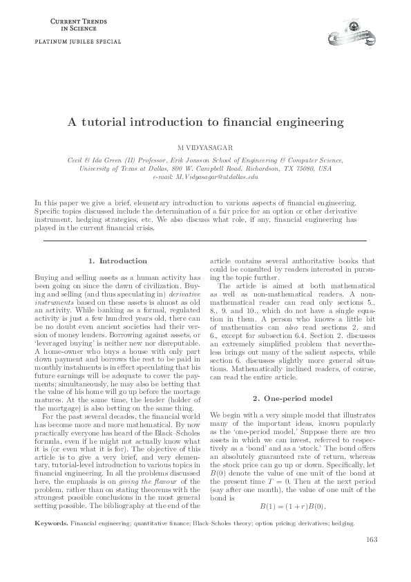 (PDF) A tutorial introduction to financial engineering