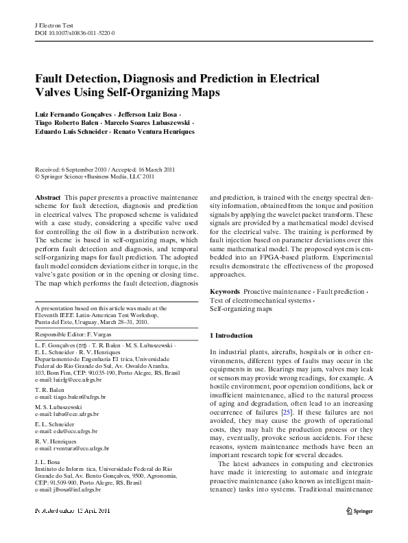 (PDF) Fault Detection, Diagnosis and Prediction in Electrical Valves Using Self-Organizing Maps