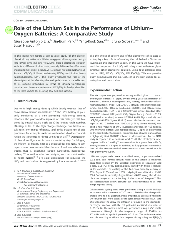 (PDF) Role of the Lithium Salt in the Performance of Lithium-Oxygen ...