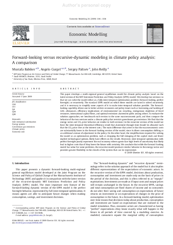Pdf Forward Looking Versus Recursive Dynamic Modeling In Climate