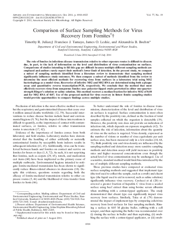 (PDF) Comparison of Surface Sampling Methods for Virus Recovery from ...