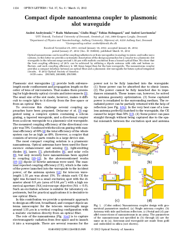 (PDF) Compact dipole nanoantenna coupler to plasmonic slot waveguide