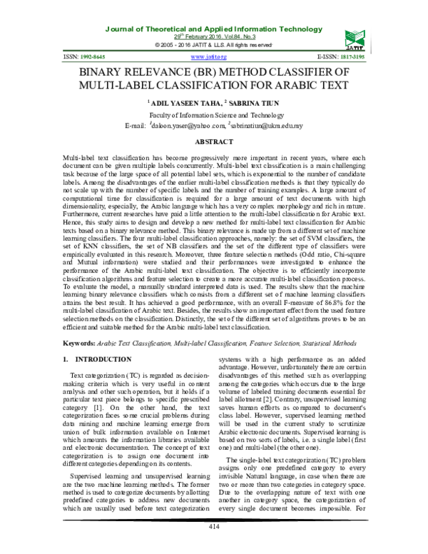 (PDF) BINARY RELEVANCE (BR) METHOD CLASSIFIER OF MULTI-LABEL CLASSIFICATION FOR ARABIC TEXT