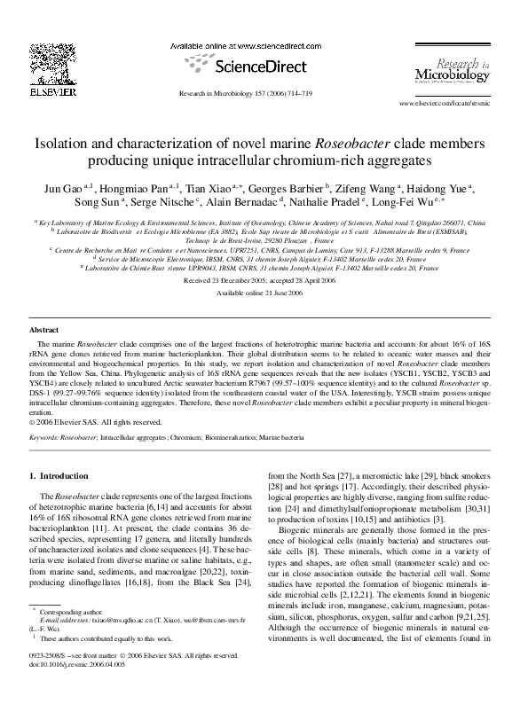 (PDF) Isolation and characterization of novel marine Roseobacter clade ...