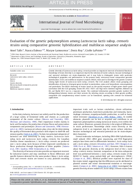 Pdf Evaluation Of The Genetic Polymorphism Among Lactococcus Lactis