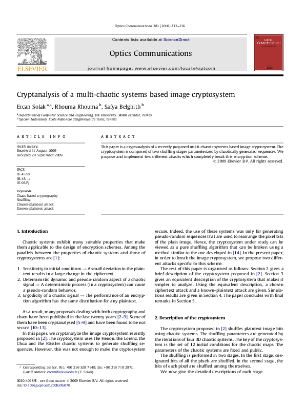 Pdf Cryptanalysis Of A Multi Chaotic Systems Based Image Cryptosystem