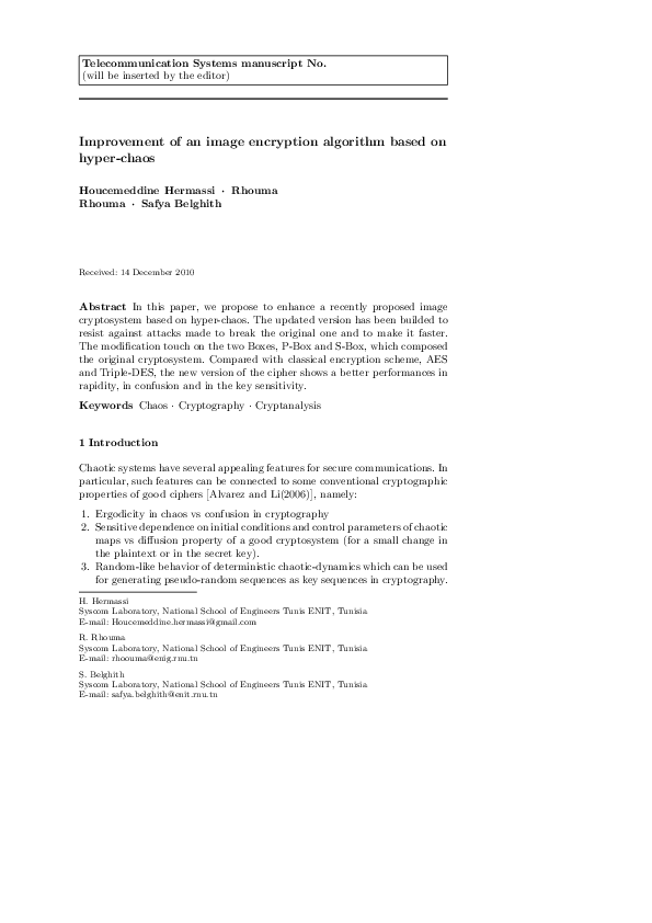 Pdf Improvement Of An Image Encryption Algorithm Based On Hyper Chaos