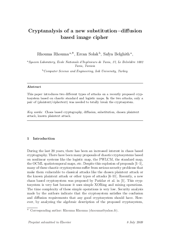 (PDF) Cryptanalysis of a new substitution–diffusion based image cipher