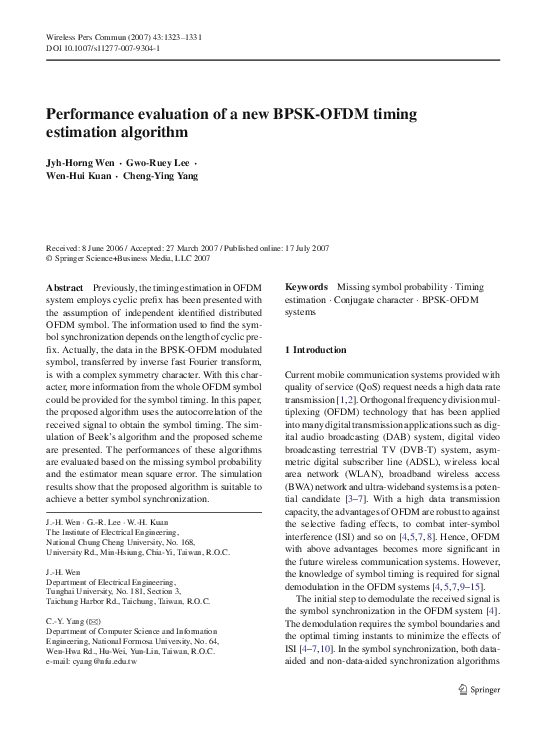 Pdf Performance Evaluation Of A New Bpsk Ofdm Timing Estimation Algorithm