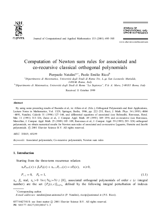 (PDF) Computation of Newton sum rules for associated and co-recursive ...