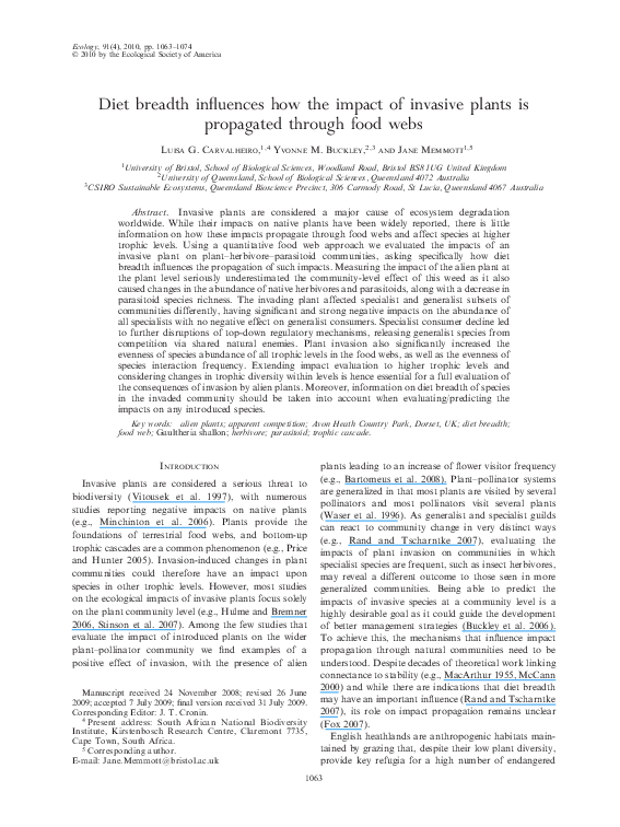 (PDF) Diet breadth influences how the impact of invasive plants is ...
