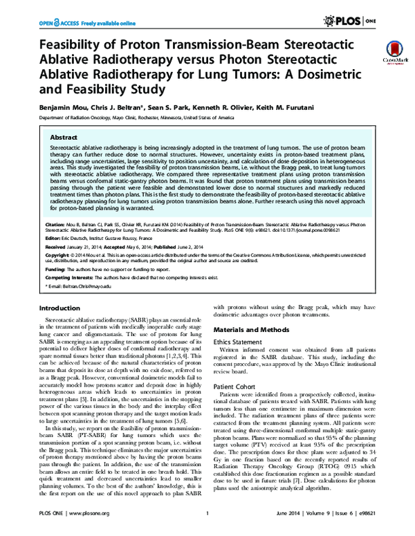 (PDF) Feasibility of proton transmission-beam stereotactic ablative radiotherapy versus photon ...