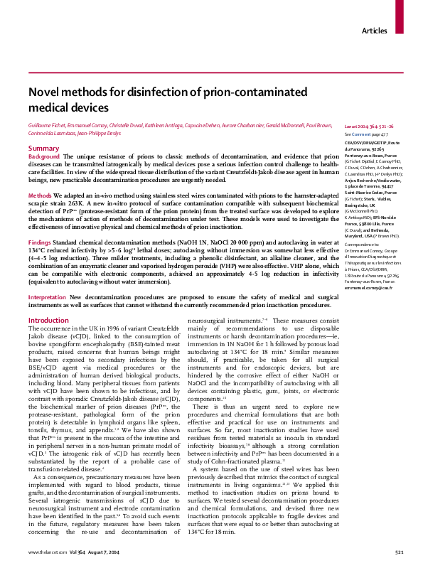 (PDF) Novel methods for disinfection of prion-contaminated medical devices