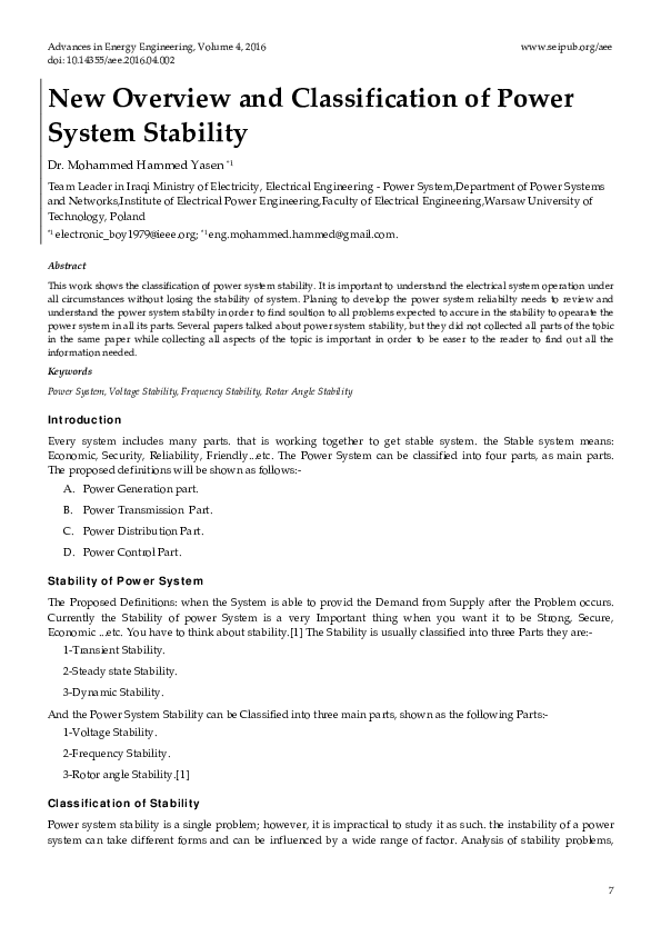 (PDF) New Overview and Classification of Power System Stability