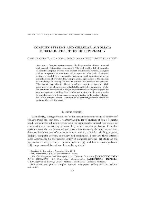 (PDF) COMPLEX SYSTEMS AND CELLULAR AUTOMATA MODELS IN THE STUDY OF COMPLEXITY