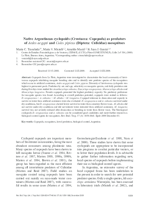 (PDF) Native Argentinean cyclopoids (Crustacea: Copepoda) as predators ...