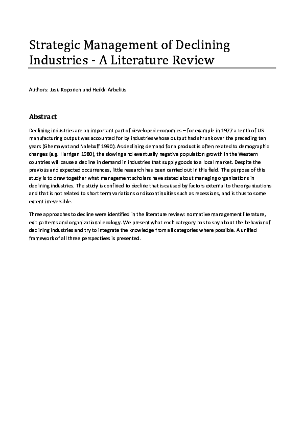 (PDF) Strategic Management of Declining Industries -A Literature Review