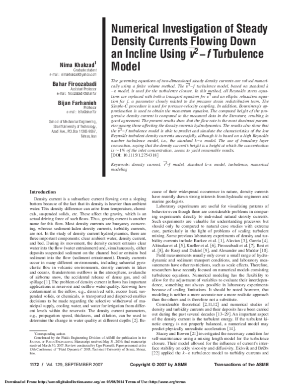 (PDF) Numerical Investigation of Steady Density Currents Flowing Down an Incline Using v[sup 2]− ...