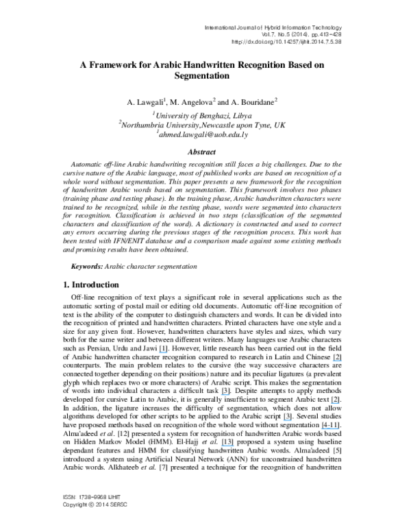 Pdf Automatic Segmentation For Arabic Characters In Handwriting Documents