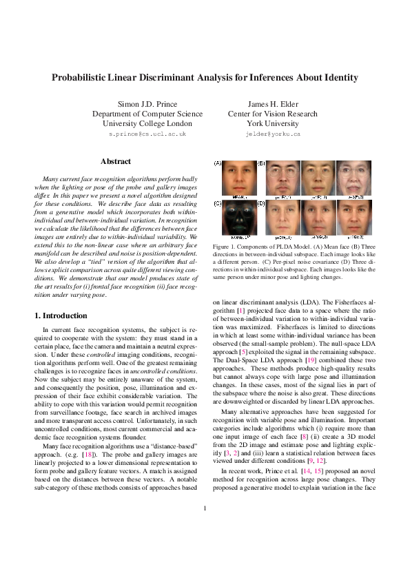 (PDF) Probabilistic Linear Discriminant Analysis for intermodality face recognition
