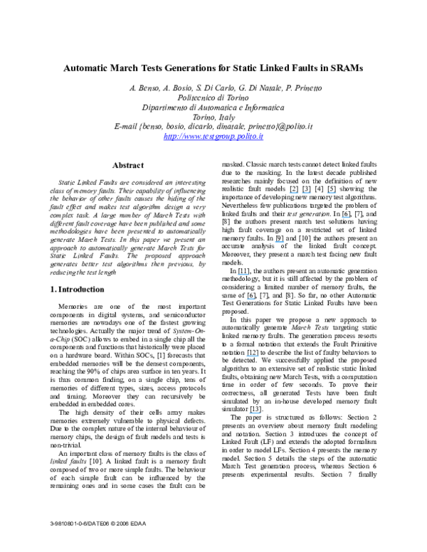 Pdf Automatic March Tests Generation For Multi Port Srams Alfredo Benso