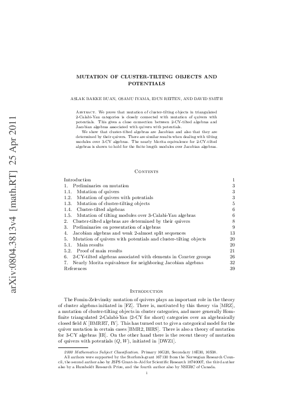 Pdf Mutation Of Cluster Tilting Objects And Potentials