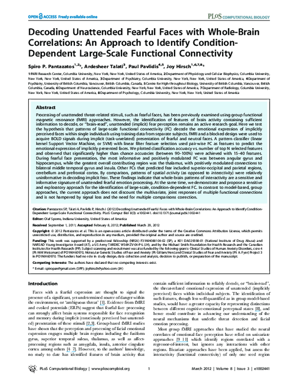 (PDF) Decoding Unattended Fearful Faces with Whole-Brain Correlations: An Approach to Identify ...