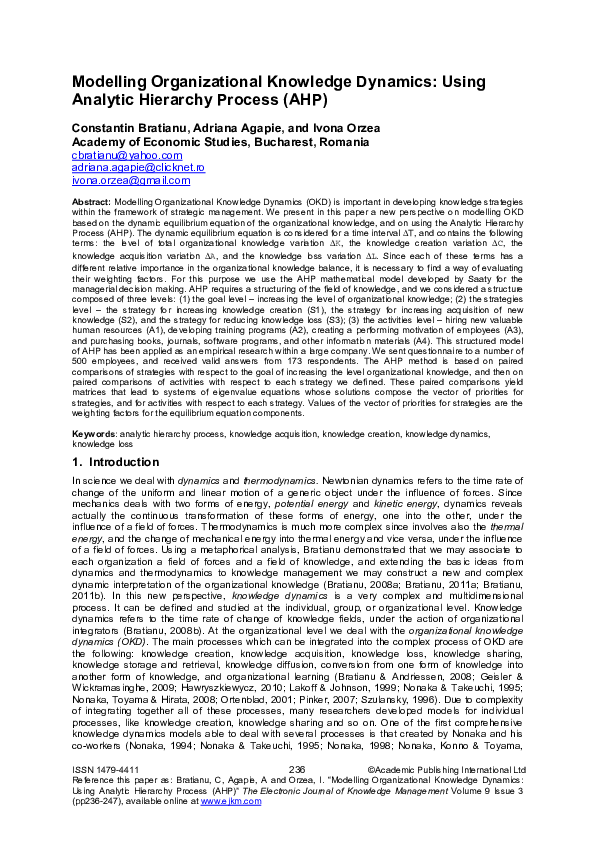 (PDF) Modelling Organizational Knowledge Dynamics: Using Analytic Hierarchy Process (AHP)
