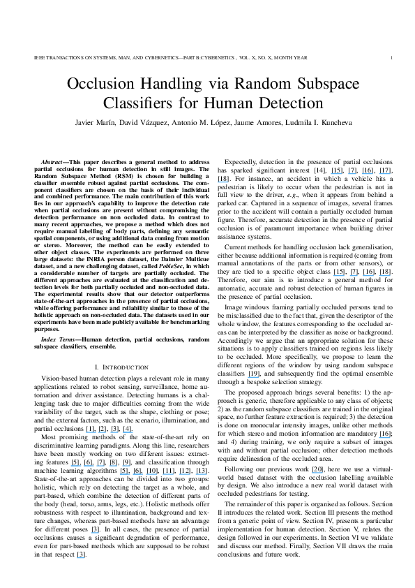 Pdf Occlusion Handling Via Random Subspace Classifiers For Human Detection