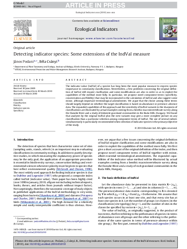 Pdf Detecting Indicator Species Some Extensions Of The Indval Measure