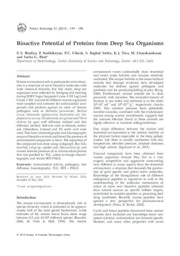 (PDF) Bioactive Potential of Proteins from Deep Sea Organisms