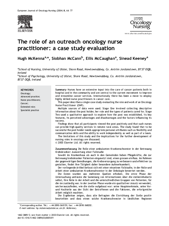 (PDF) The role of an outreach oncology nurse practitioner: a case study ...